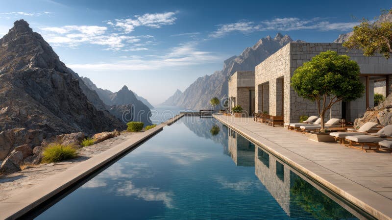 Mountain-edge Infinity Pool with Elegant Stone Architecture and Serene ...