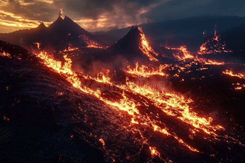 A Mountain Engulfed in Lava and Flames at Sunset, with a Fiery Sky ...