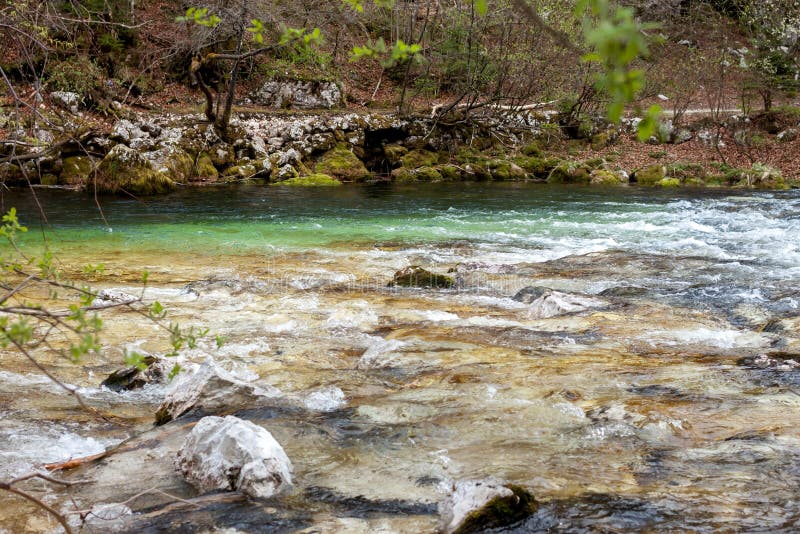 Mountain Fast Flowing River, Running Water between Rocks in Sunlight ...