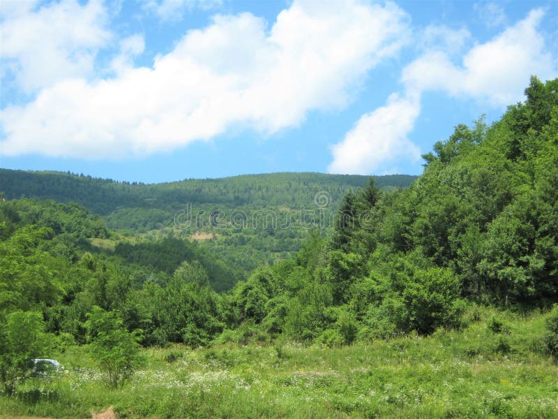 Mountain, Fields, and Cloudy Sky in Spring Stock Image - Image of tree ...