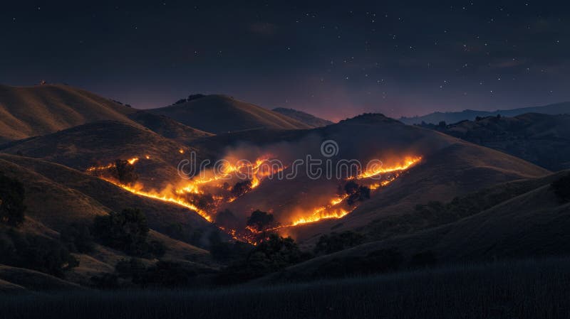 A Mountain Fire Burning at Night, with Flames and Smoke Visible Against ...