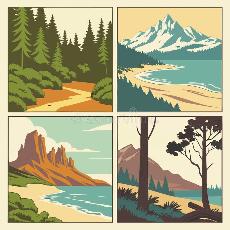 Mountain and Forest Landscapes, Multi-Panel Scene, Vector Design ...