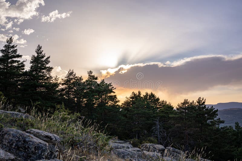 Mountain forest in sunset stock photo. Image of evening - 154274602