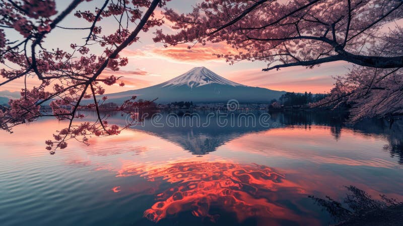 Mountain Fuji in Cherry Blossom Season during Sunset Stock Photo ...