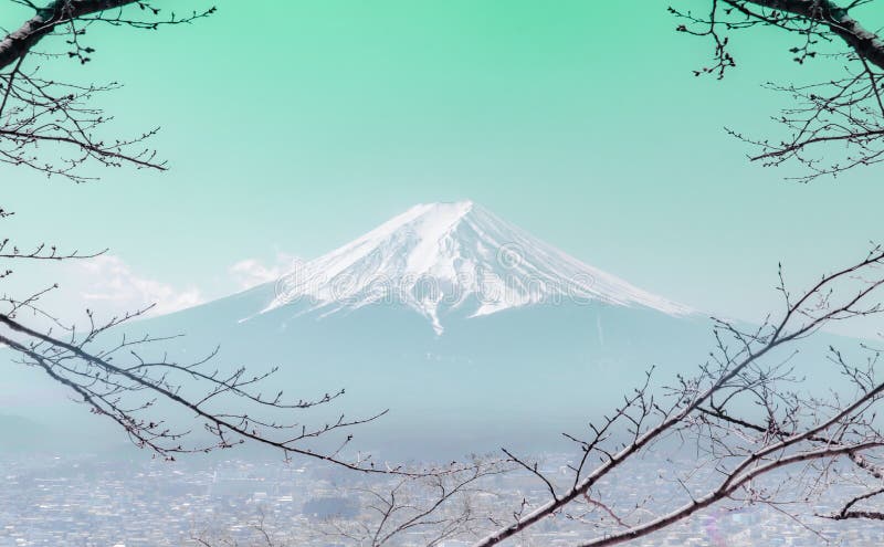Mountain Fuji in Winter Framed by Fall Tree in Teal Color Stock Photo ...