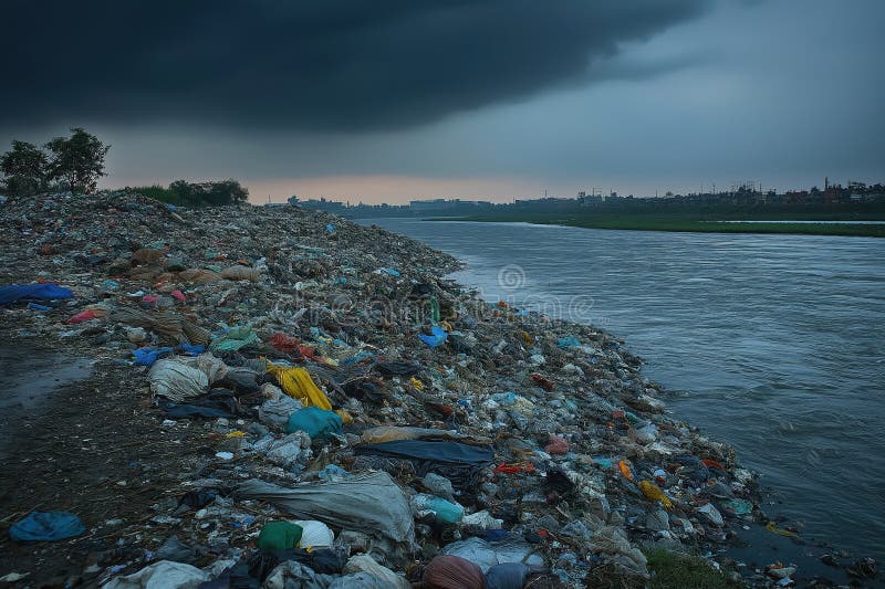 Mountain of Garbage Polluting a River at Sunset Stock Illustration ...