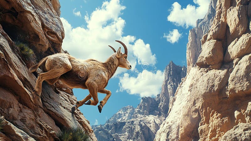 Mountain Goat Leaping Across a Rocky Chasm Under a Vibrant Blue Sky ...