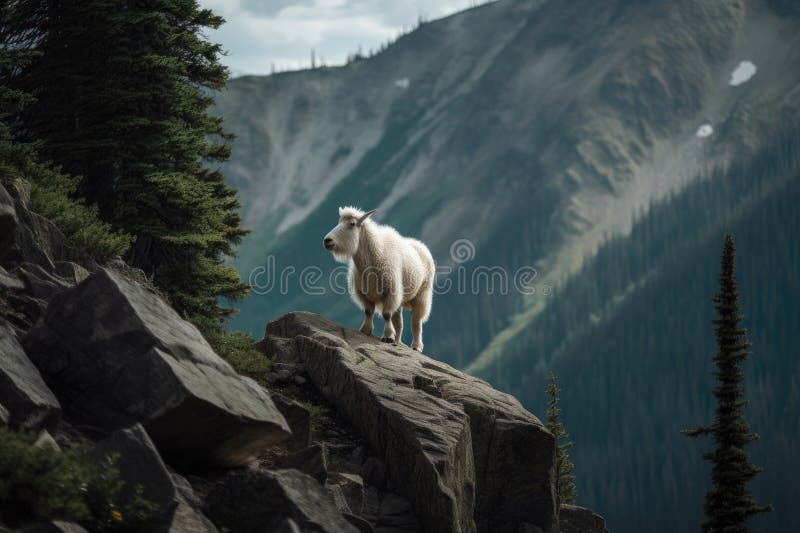 A Mountain Goat Perched on a Rocky Peak Near a River. Generative AI ...