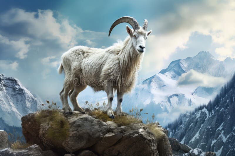 Mountain Goat on a Rock with Snow Mountains and Blue Sky Background ...