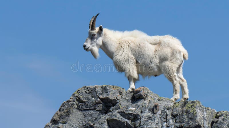 Mountain Goat Standing on Rocky Cliff Against Blue Sky Stock Photo ...