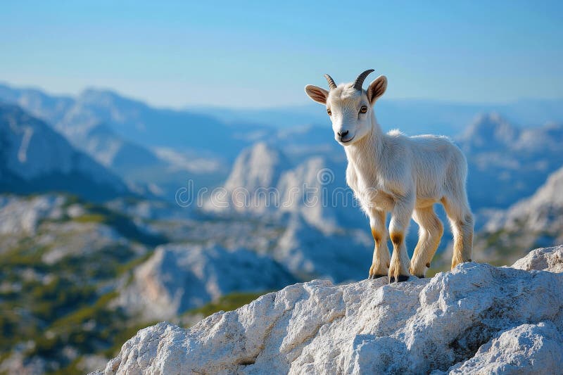 A Mountain Goat Standing on a Rocky Ledge High in the Mountains Stock ...
