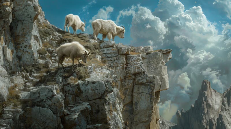 Mountain Goats Climbing Rocky Cliffs Stock Illustration - Illustration ...