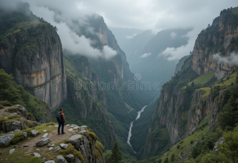 Mountain Gorge with Man Amidst Misty Cliffs. Stock Image - Image of ...