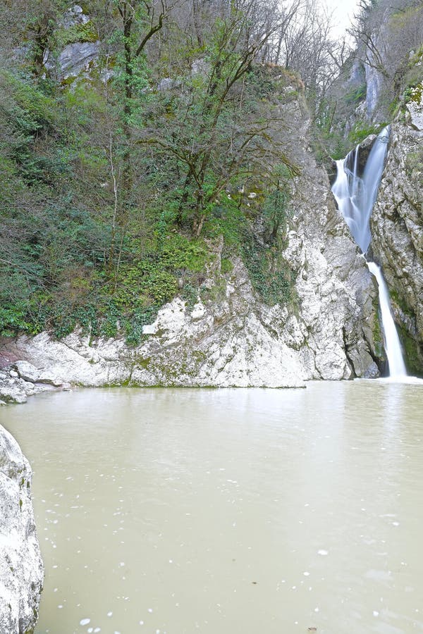 Waterfall in a Mountain Forest in Early Spring Stock Image - Image of ...