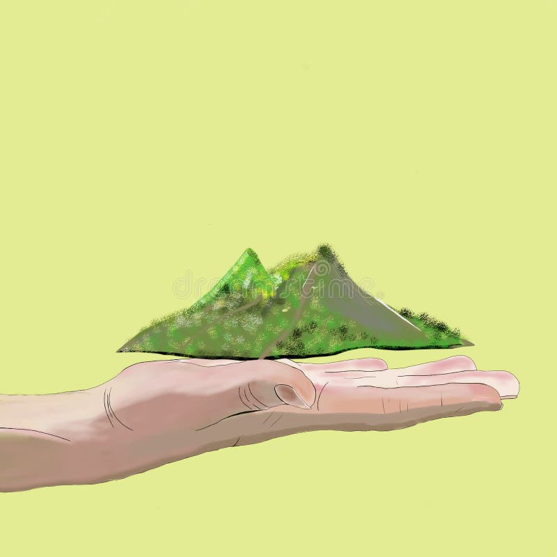 Mountain in hand stock illustration. Illustration of green - 249313611