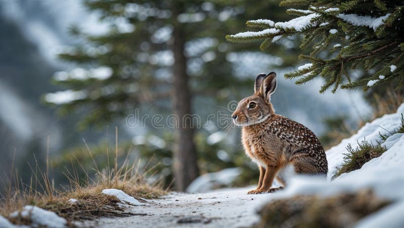 Mountain Hare Sitting Quietly Under Snow-covered Pine at Edge of Path ...