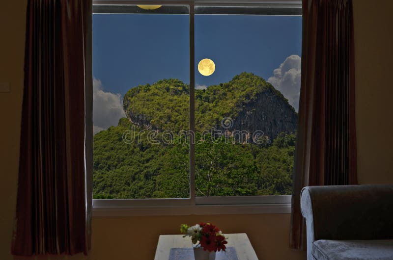 The moon at the window stock image. Image of night, open - 19284789