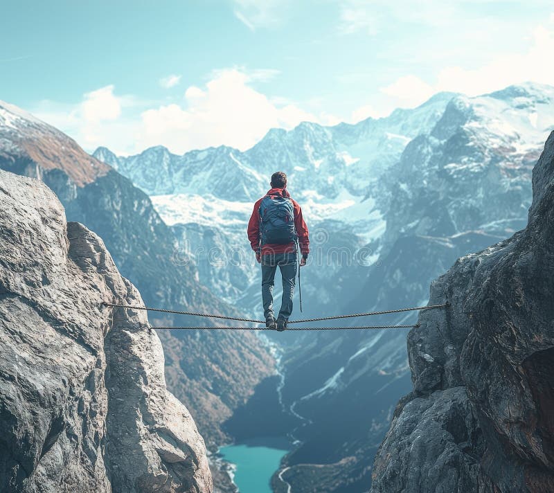 Mountain Hiker Crossing a Suspension Bridge. Stock Photo - Image of ...