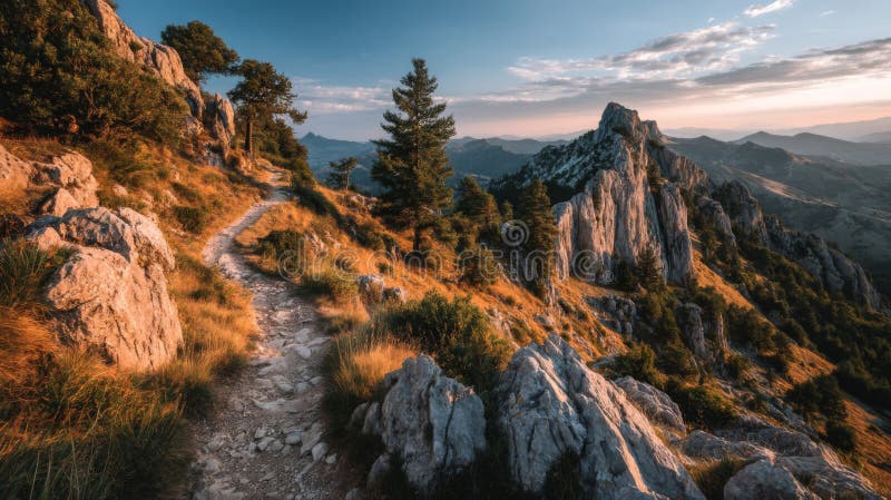 Mountain Hiking Trail at Sunset with Golden Light Stock Illustration ...