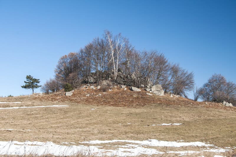 Mountain Hill with Rocks and Trees Stock Image - Image of rural, hill ...