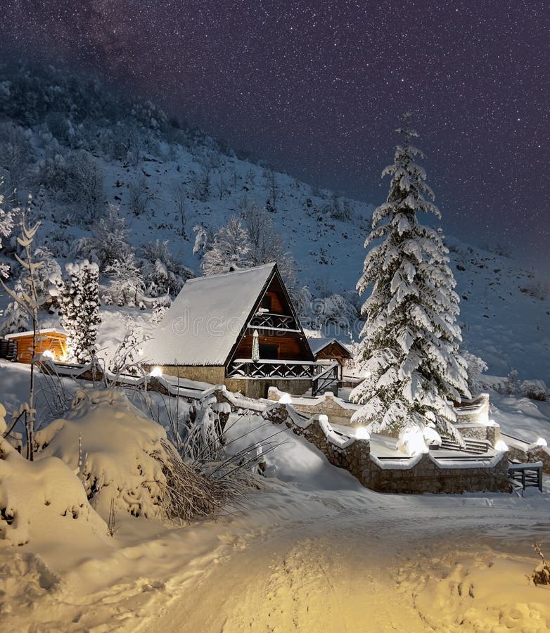 Mountain Hut Covered in Snow on a Winter Night Stock Image - Image of ...
