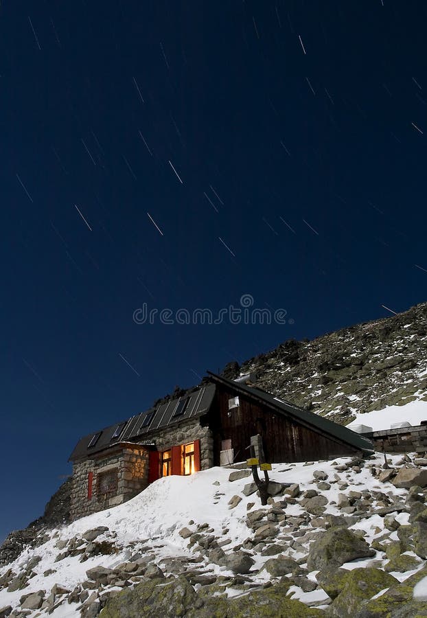 Mountain hut at night. stock image. Image of cold, hiking - 12400799