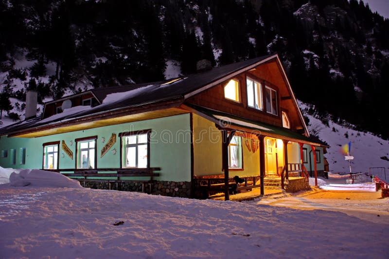 Mountain hut by night stock photo. Image of house, holiday - 84304038
