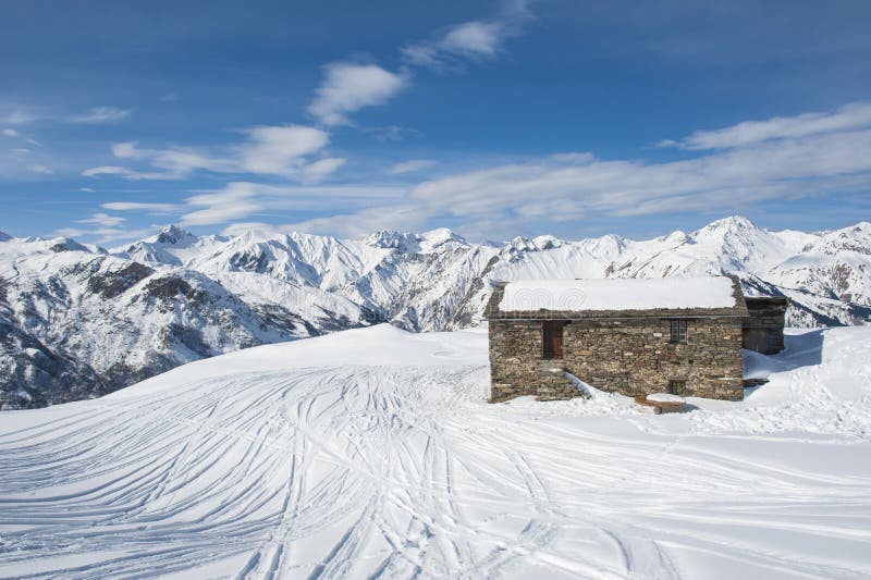 Mountain hut in the snow stock image. Image of nature - 62069593