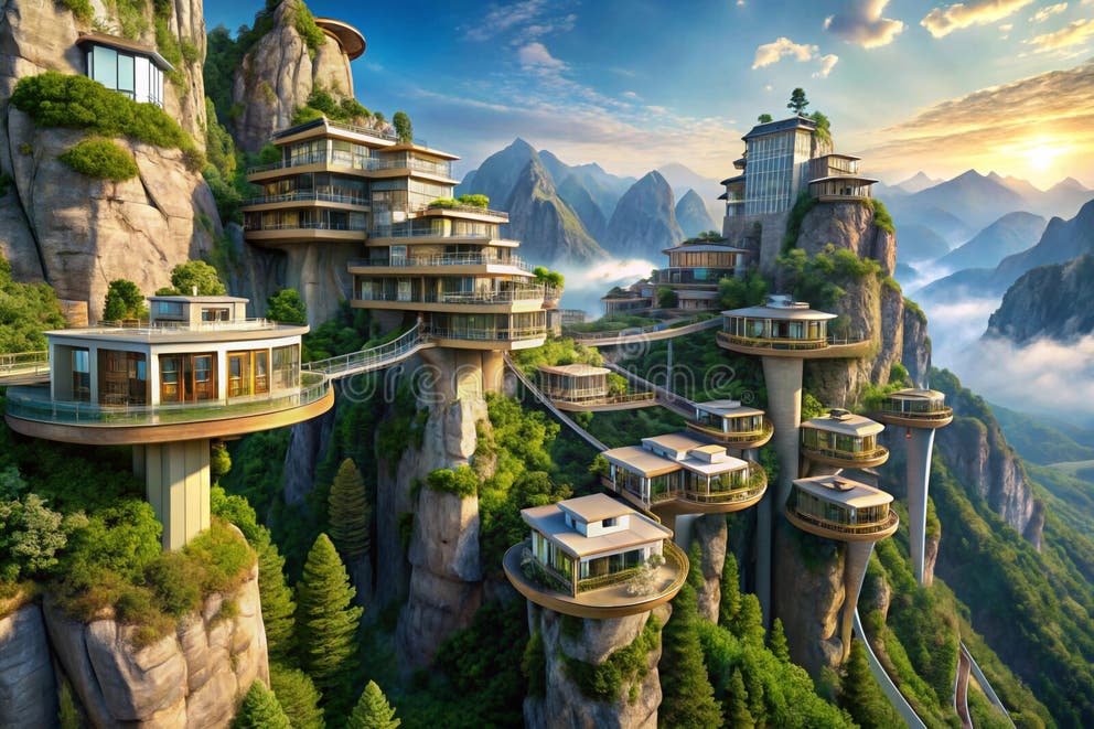 Mountain-Integrated Mega Structures Stock Illustration - Illustration ...