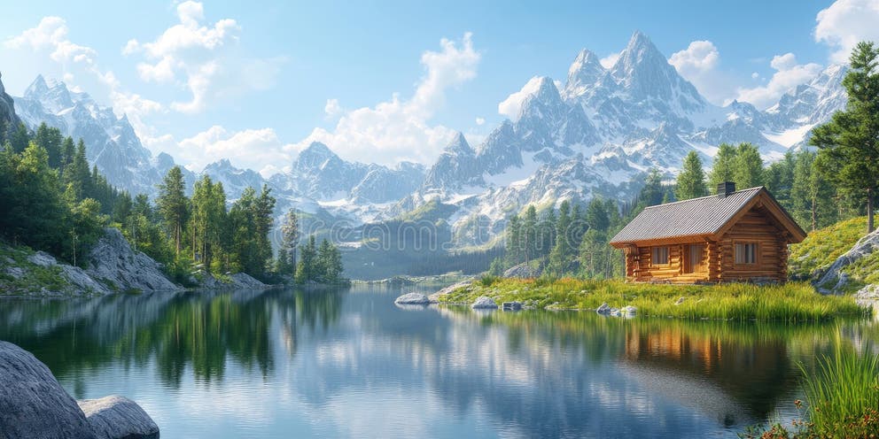 Mountain Lake Cabin Scene stock illustration. Illustration of panorama ...