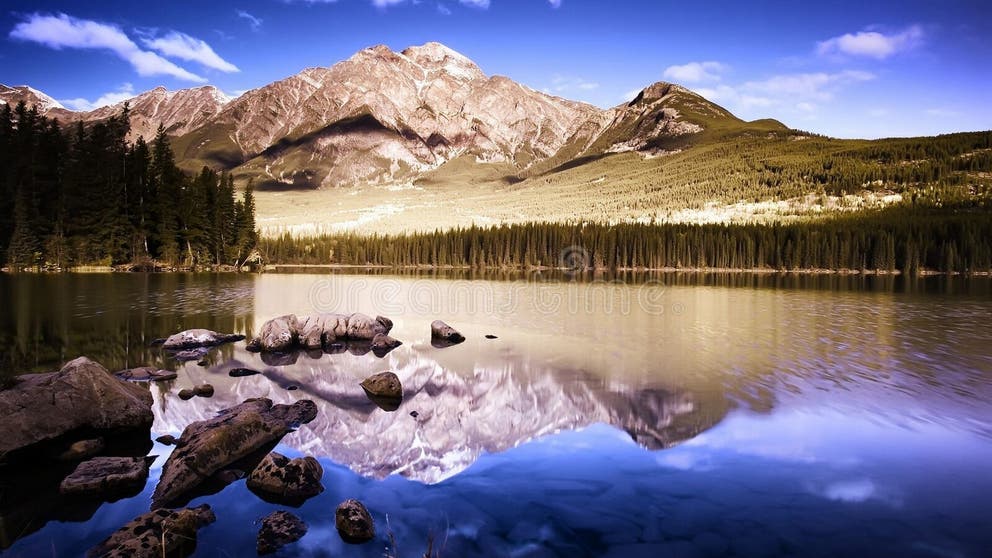 Mountain Lake with Clear Reflection of Peaks Stock Illustration ...