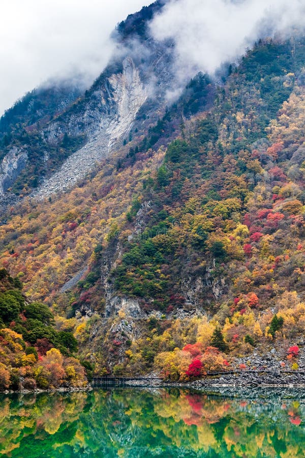 Mountain and Lake in Fall in China Stock Image - Image of blue, cloud ...