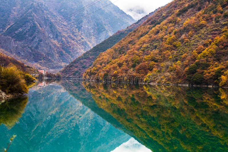 Mountain and Lake in Fall in China Stock Photo - Image of china, remote ...