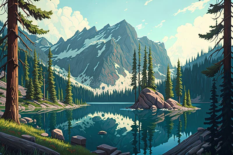 Mountain Lake in the Forest. Vector Illustration in Cartoon Style Stock ...