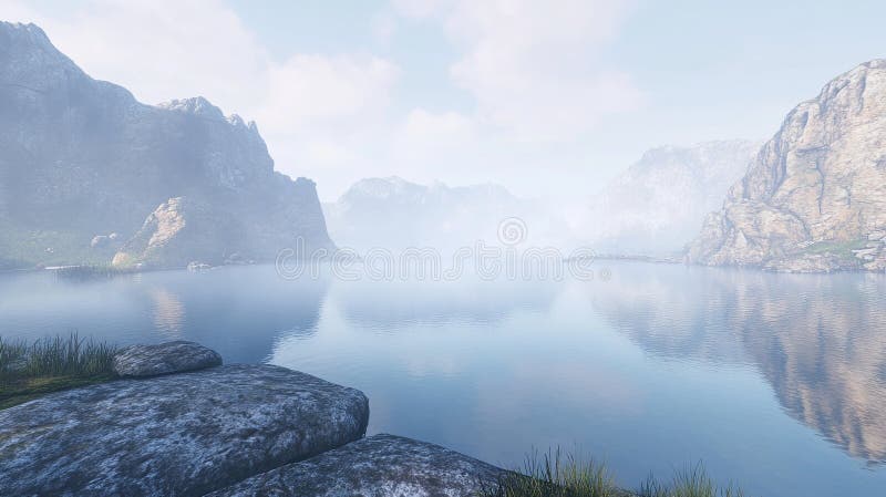 Mountain Lake Framed by Rocky Cliffs and Mist. Stock Photo - Image of ...