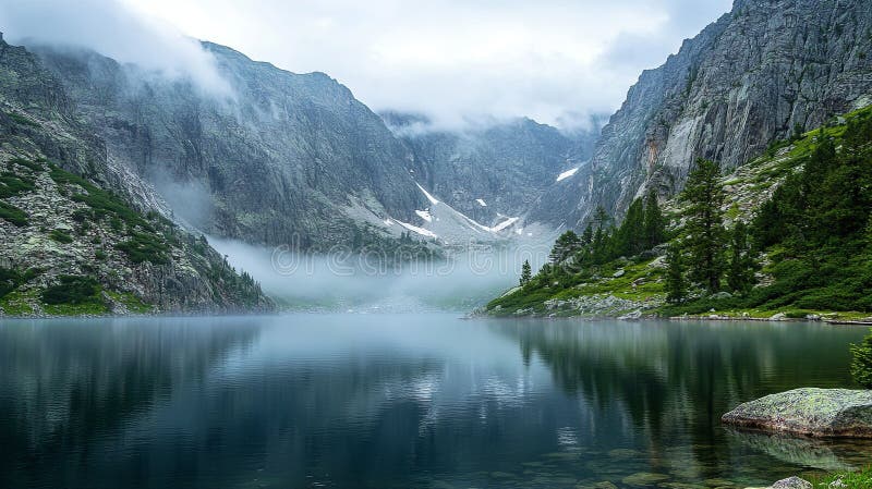 Mountain Lake Framed by Rocky Cliffs and Mist. Stock Photo - Image of ...