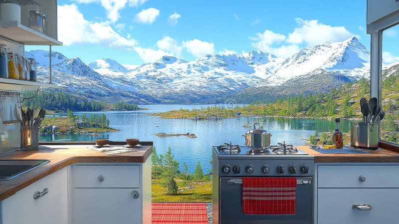 Mountain Lake Kitchen View stock image. Image of breathtaking - 384401581