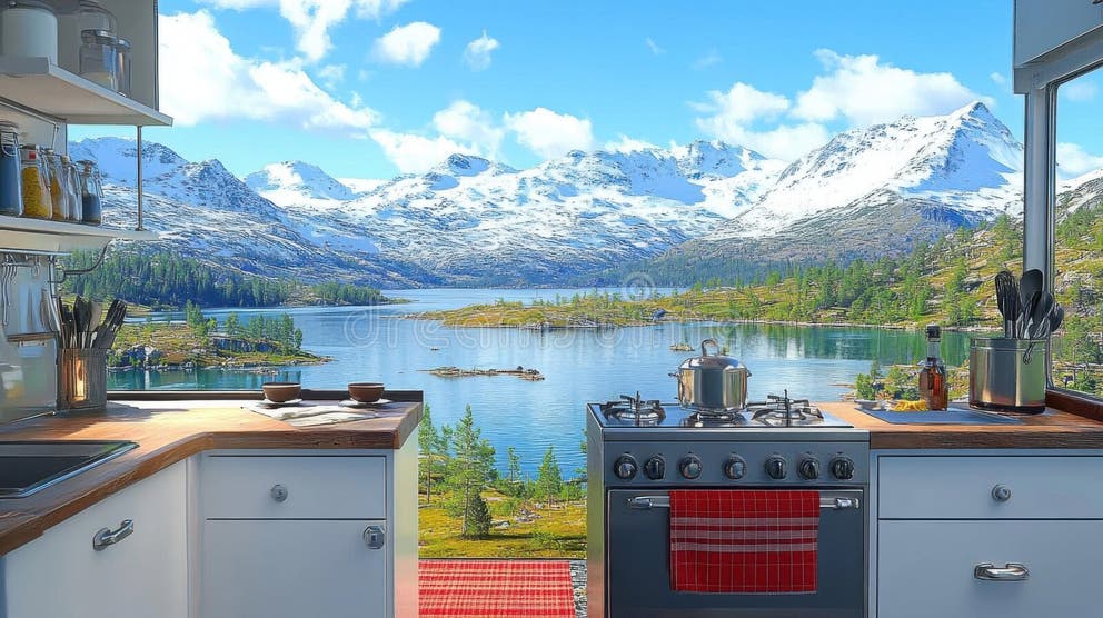 Mountain Lake Kitchen View stock image. Image of breathtaking - 384401581