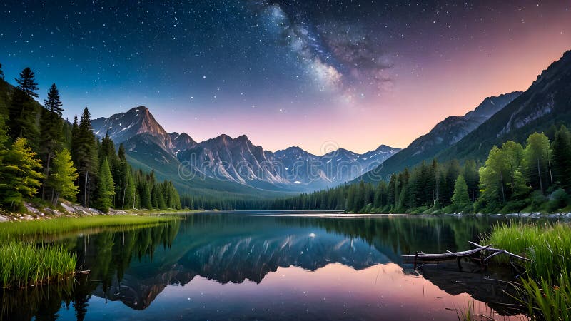 Mountain Lake at Night with Starry Sky and Milky Way Stock Image ...