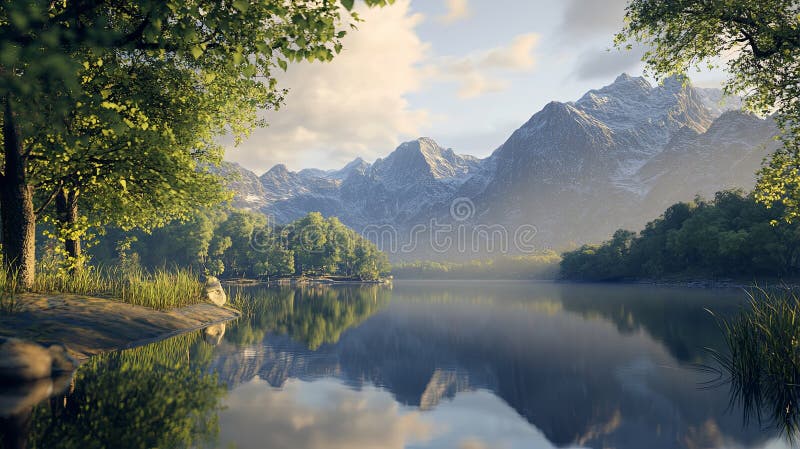 Mountain Lake Reflection, Realistic, Cinematic Light, Sharp Focus ...