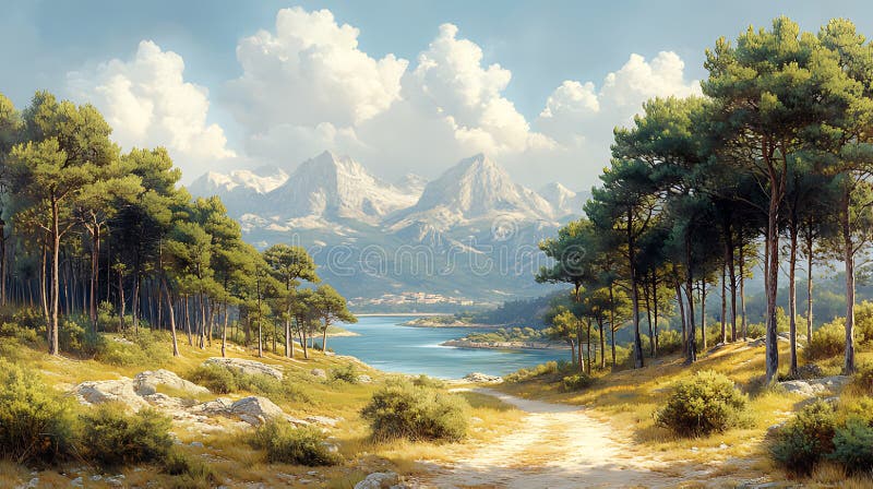 Mountain Lake Scenic Path Summer Landscape Painting Stock Illustration ...