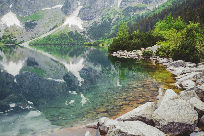 Mountain lake in summer stock image. Image of water, snow - 77377567