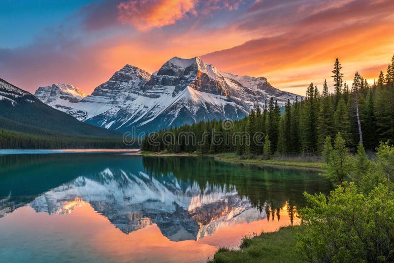 Mountain Lake Sunrise Reflection Stock Illustration - Illustration of ...