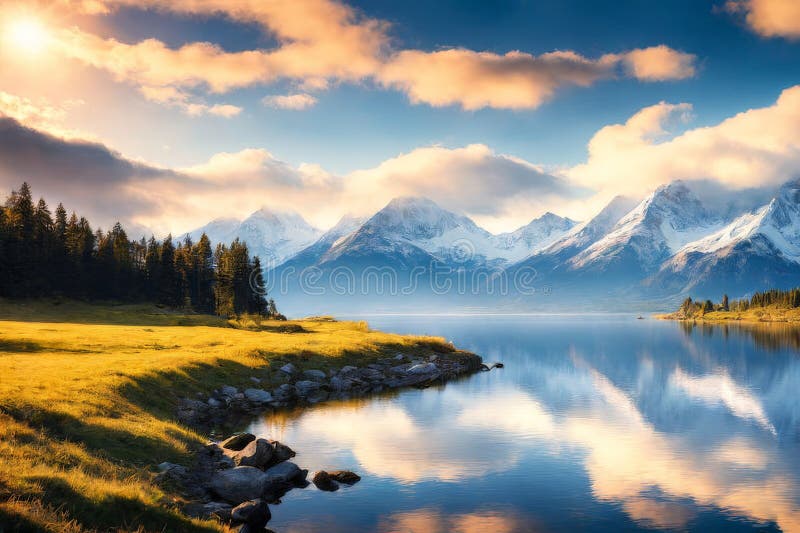 Mountain lake at sunset stock photo. Image of sunrise - 364695104