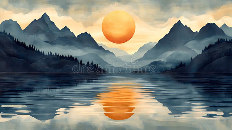 Mountain Lake Sunset Reflection Art Print Stock Illustration ...