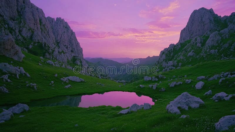 Mountain Lake Sunset Reflection, Pink Sky, Valley, Calm Stock Image ...