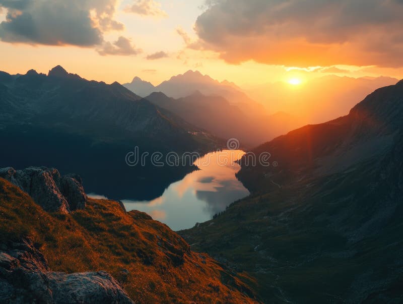 Mountain Lake Sunset stock photo. Image of hillside - 376249450
