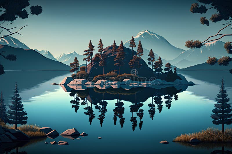 Mountain Lake with Trees and Reflection in the Water. Vector ...