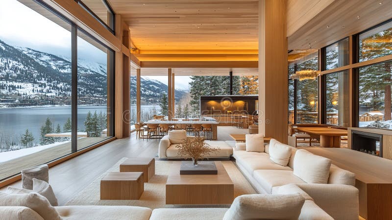 Mountain Lake View Luxury Living Room Design Stock Illustration ...