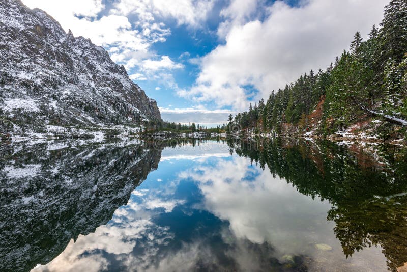 Mountain Lake in Winter with Calm Open Water and Mountain Wall Behind ...